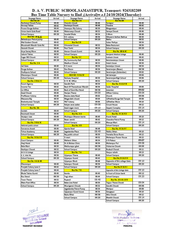 Bus Time Table Nursery To IInd, (Arrival) W.e.f-24.10.2024 (Thursday) | PDF