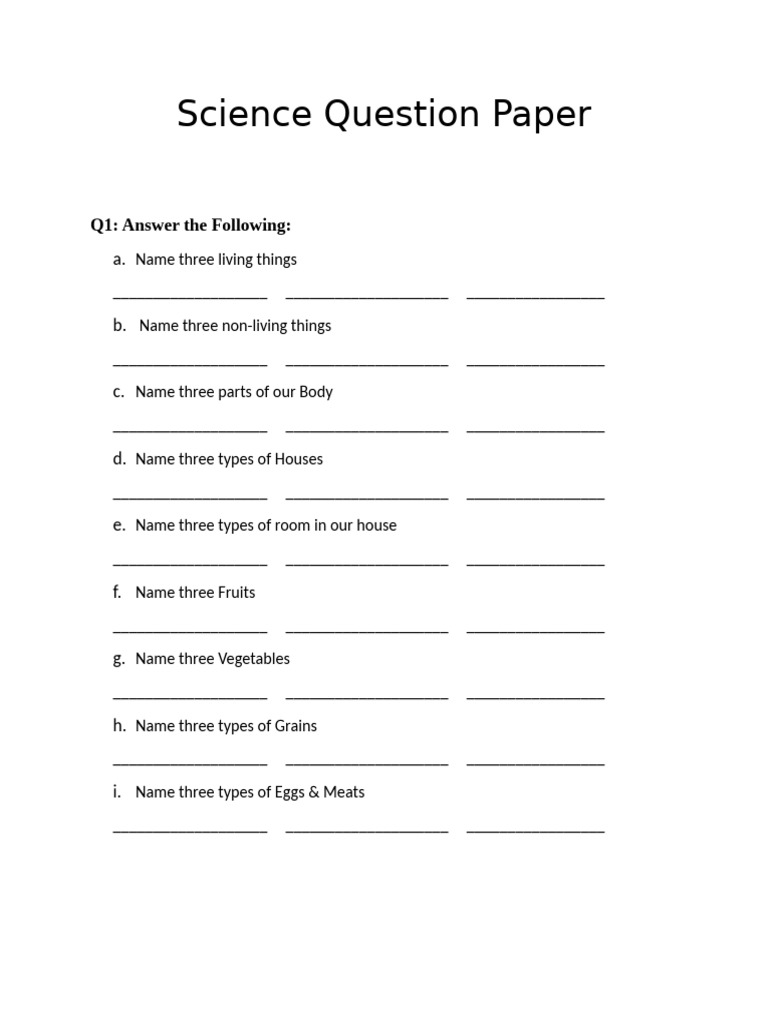 Science Question Paper for Kids | PDF