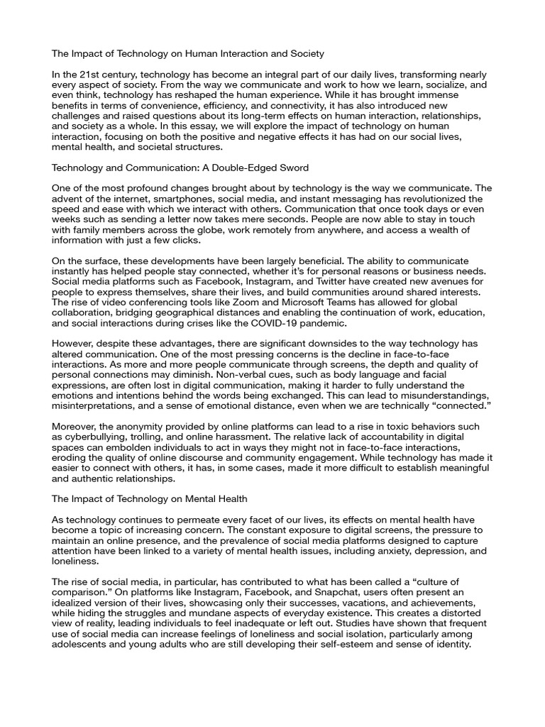 The Impact of Technology On Human Interaction and Society | PDF ...