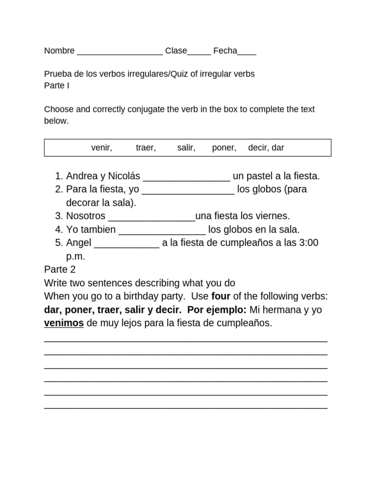 Pruebas de los verbos irregulares | PDF