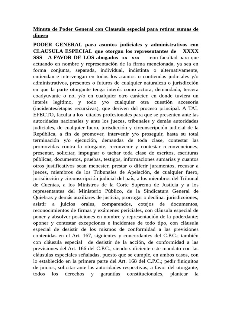 MINUTA DE PODER GRAL CON CLAUSULA ESPECIAL | PDF | Cheque | Jurisdicción