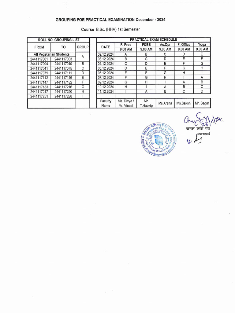 B.schhA 1st Semester Practical Examination Schedule 2024 25 | PDF