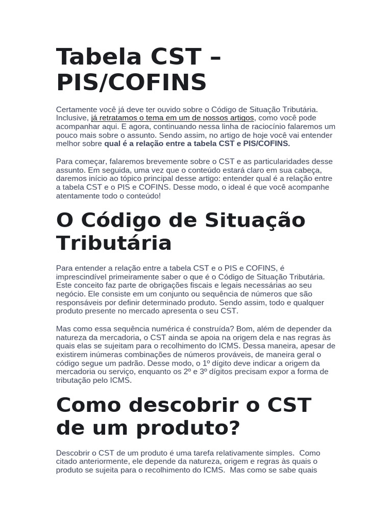 Relação CST com PIS/COFINS: Guia Essencial | PDF