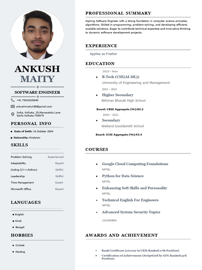 Ankush _Maity__12023002028063_Resume | PDF | Computing | Computer Science