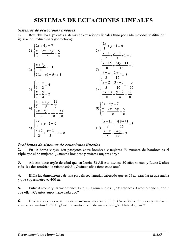 4ESO APLI-12-Sistemas de Ecuaciones Lineales | PDF | Matemáticas | Objetos matemáticos