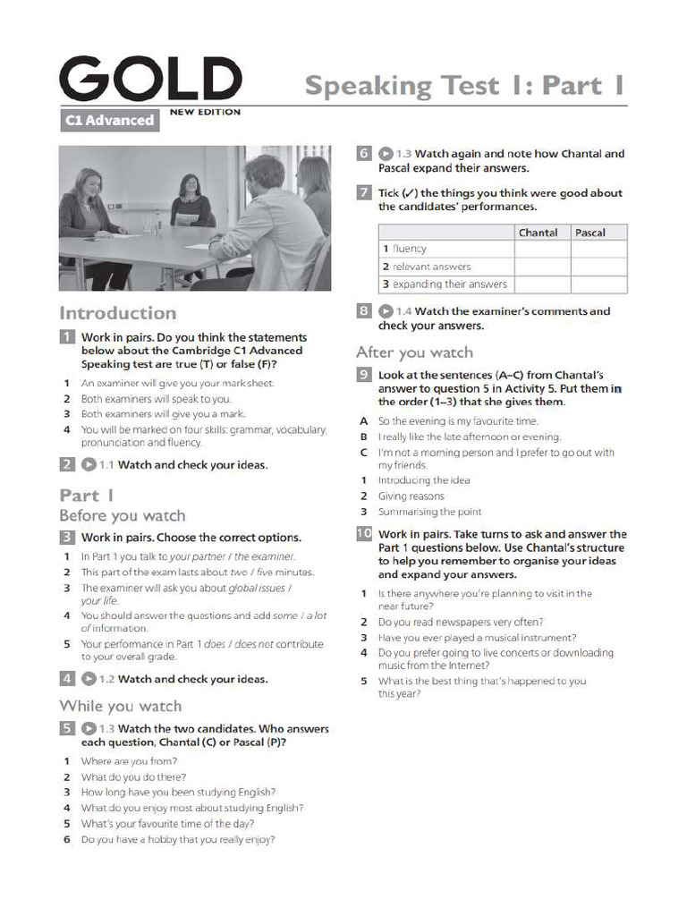 C1 Speaking Part 1 Test 1 - Video Activity | PDF
