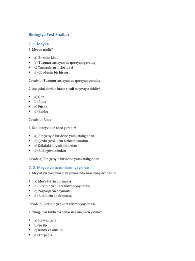Biologiya Test Suallari | PDF