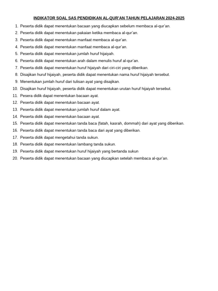 INDIKATOR SOAL SAS PQ TP.2024-2025 | PDF