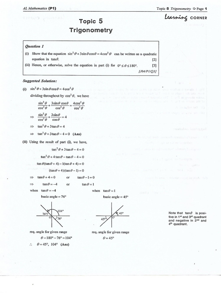 Topic 5 Trigonometry 1 (Questions and Solutions) | PDF