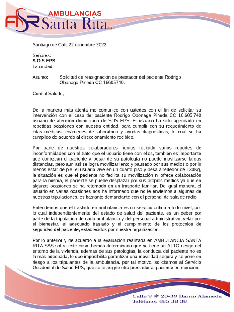 Carta Entrega de Paciente Sos | PDF | Ambulancia