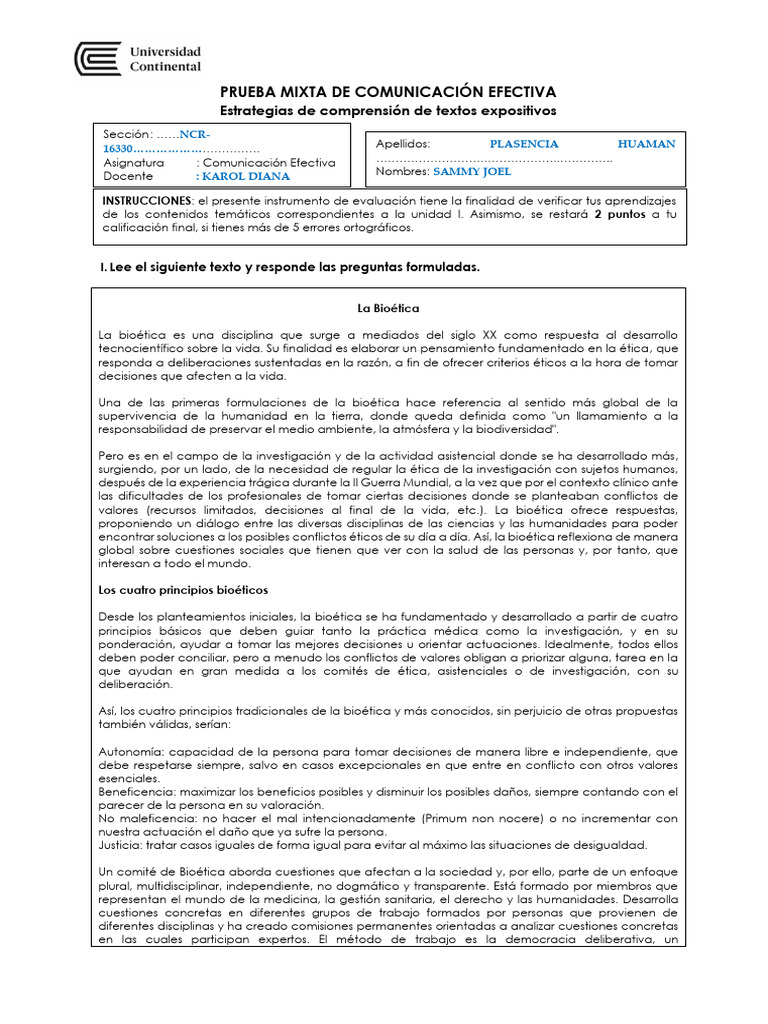 Producto Academico 1. Evaluación de Comprensión de Textos - 2022-2A | PDF | Bioética | Violencia