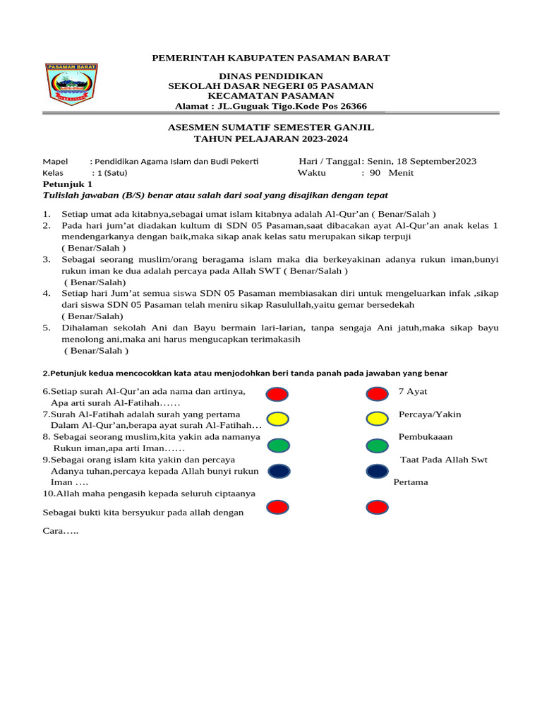 2024 Pai Mid Kelas 1 Sem 1 Soal, Kisi2, Kunci J, Lembar J Ok | PDF
