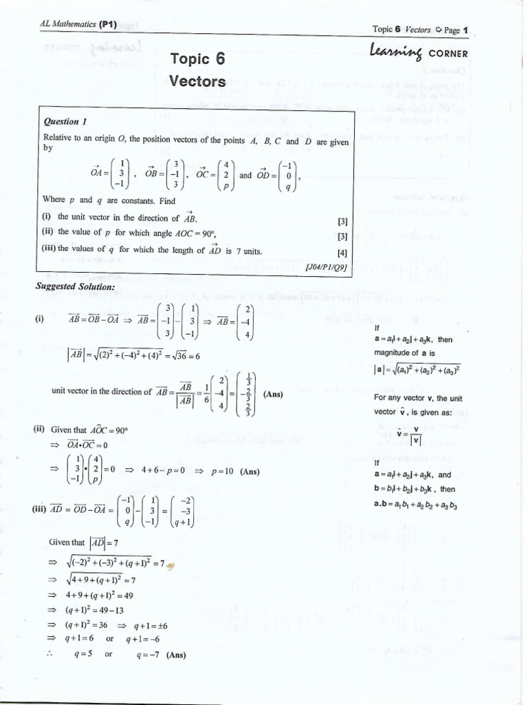 Topic 6 Vectors 1 (Questions and Solutions) | PDF