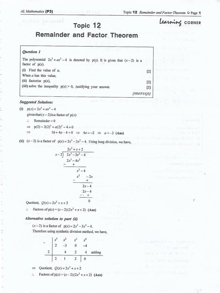 Topic 12 Remainder and Factor Theorem | PDF