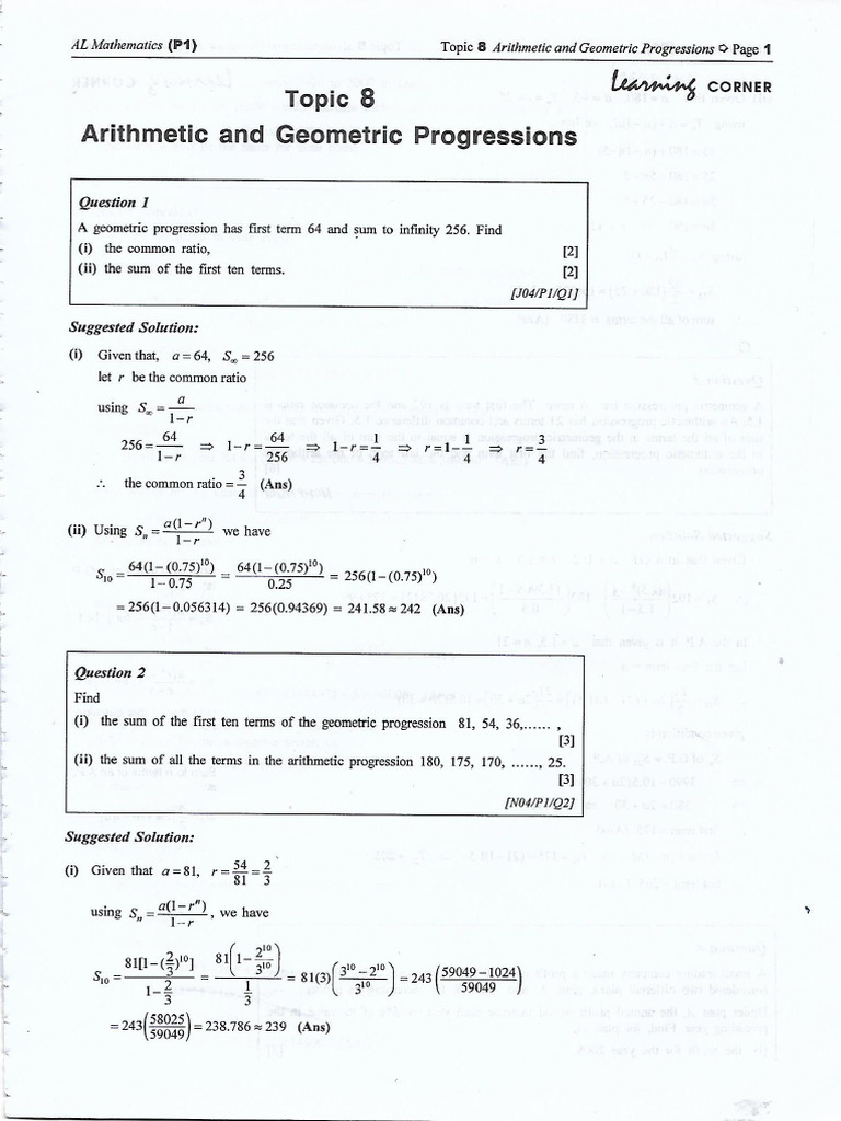 Topic 8 Arithmetic and Geometric Progression (Questions and Solutions ...