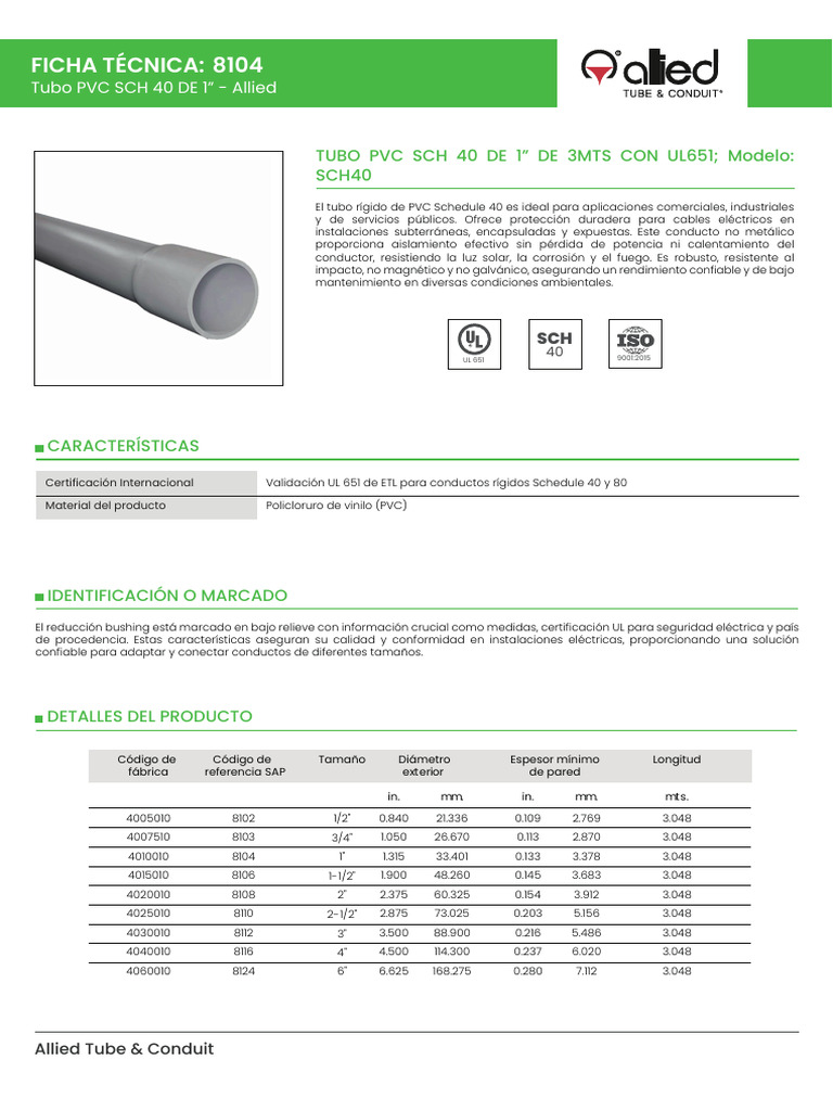 Tubo PVC SCH 40 de 1” - Allied 3mts | PDF | Cloruro de polivinilo ...