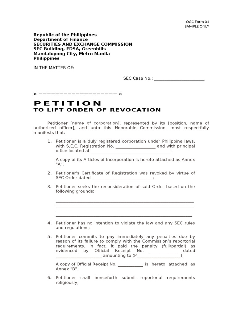 Sec Petition To Lift Order of Revocation Rev | PDF | Affidavit | U.S ...