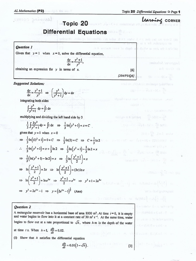 Topic 20 Differential Equations (Questions and Solutions) | PDF