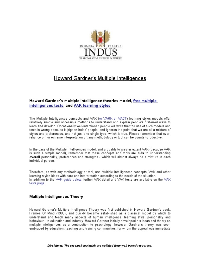 Howard Gardner's Multiple Intelligence Theories Model,, and | PDF ...