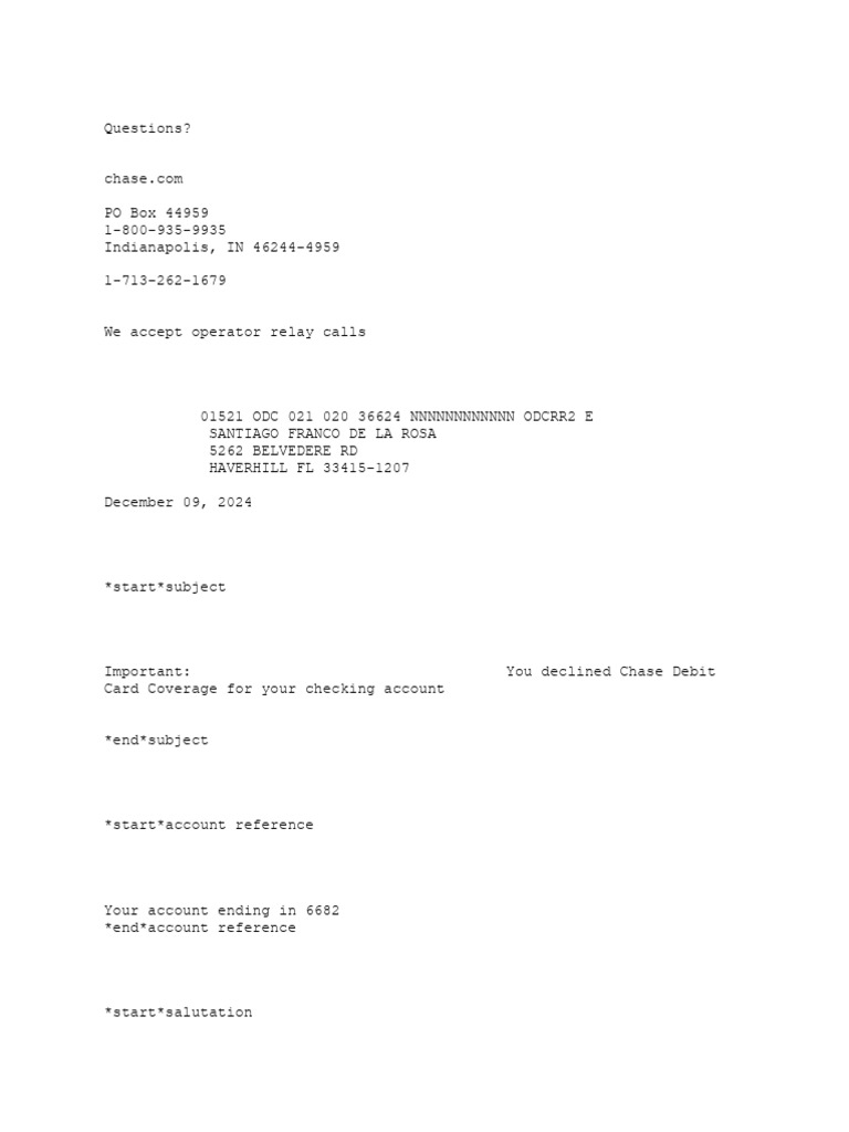 Declined Chase Debit Card Coverage Notice | PDF | Overdraft ...