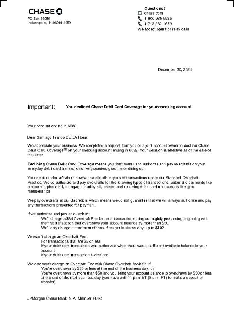 Declined Chase Debit Card Coverage Notice | PDF | Overdraft ...