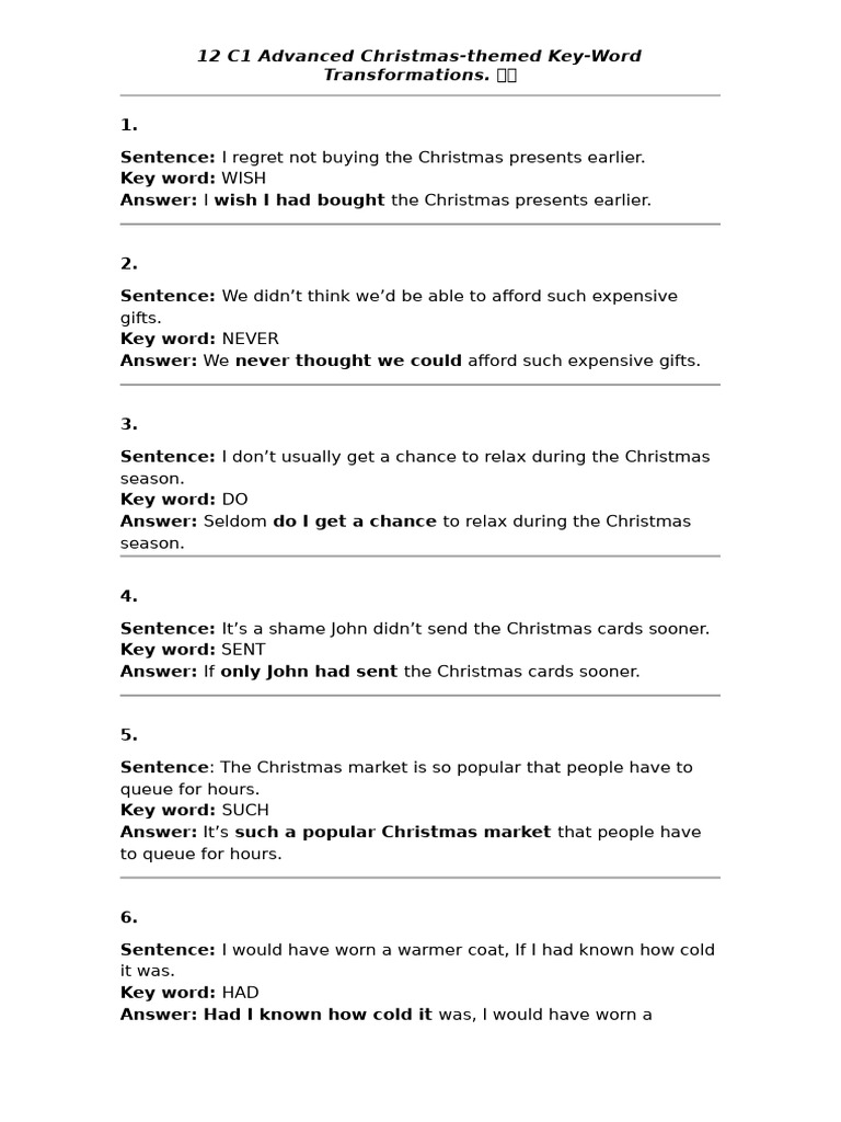 12 C1 Advanced Christmas Transformations Answer Key | PDF