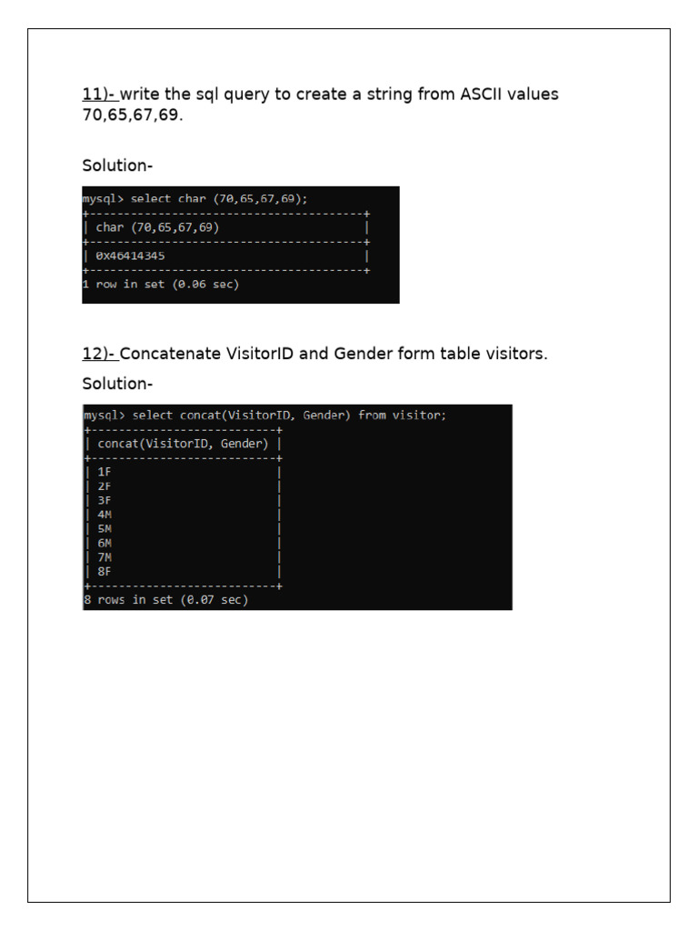 11) - Write The SQL Query To Create A String From ASCII Values 70,65,67,69. Solution | PDF