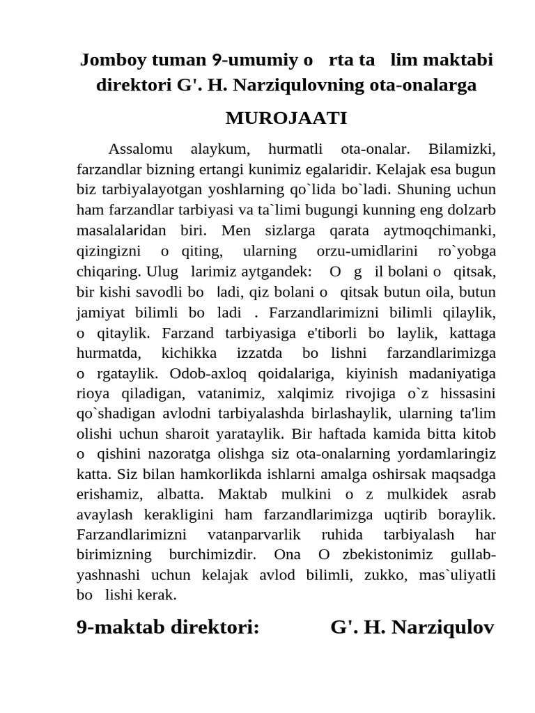 9-Maktab Direktori G'. Narziqulov Murojaati | PDF
