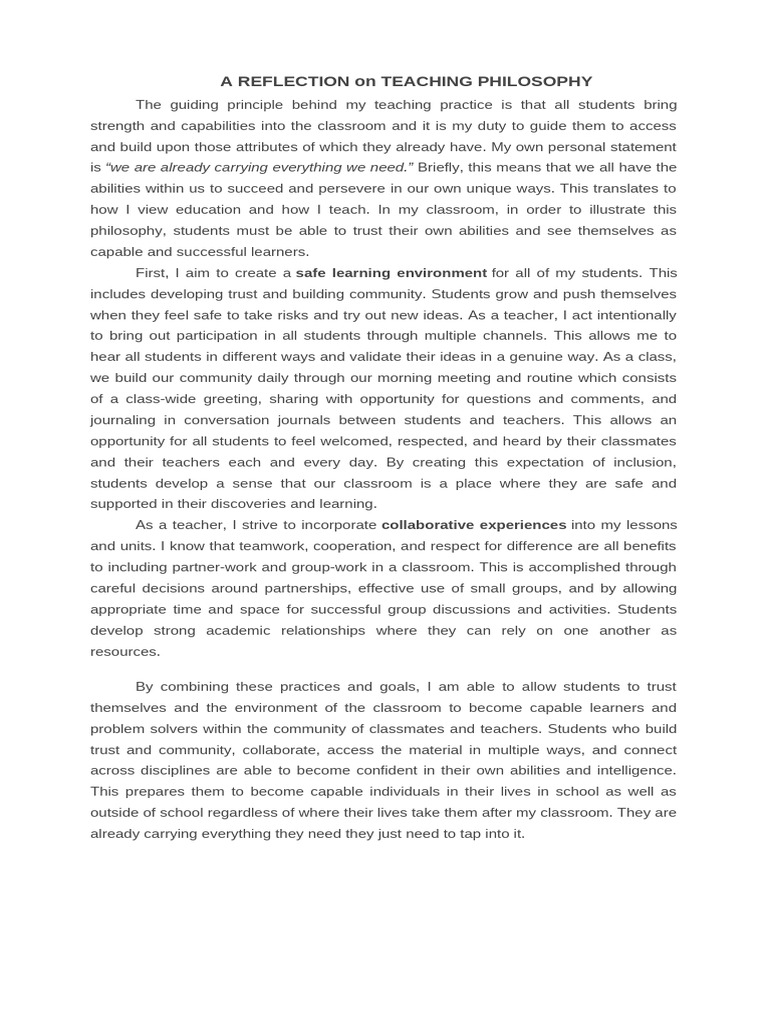 A REFLECTION On TEACHING PHILOSOPHY | PDF | Teachers | Classroom