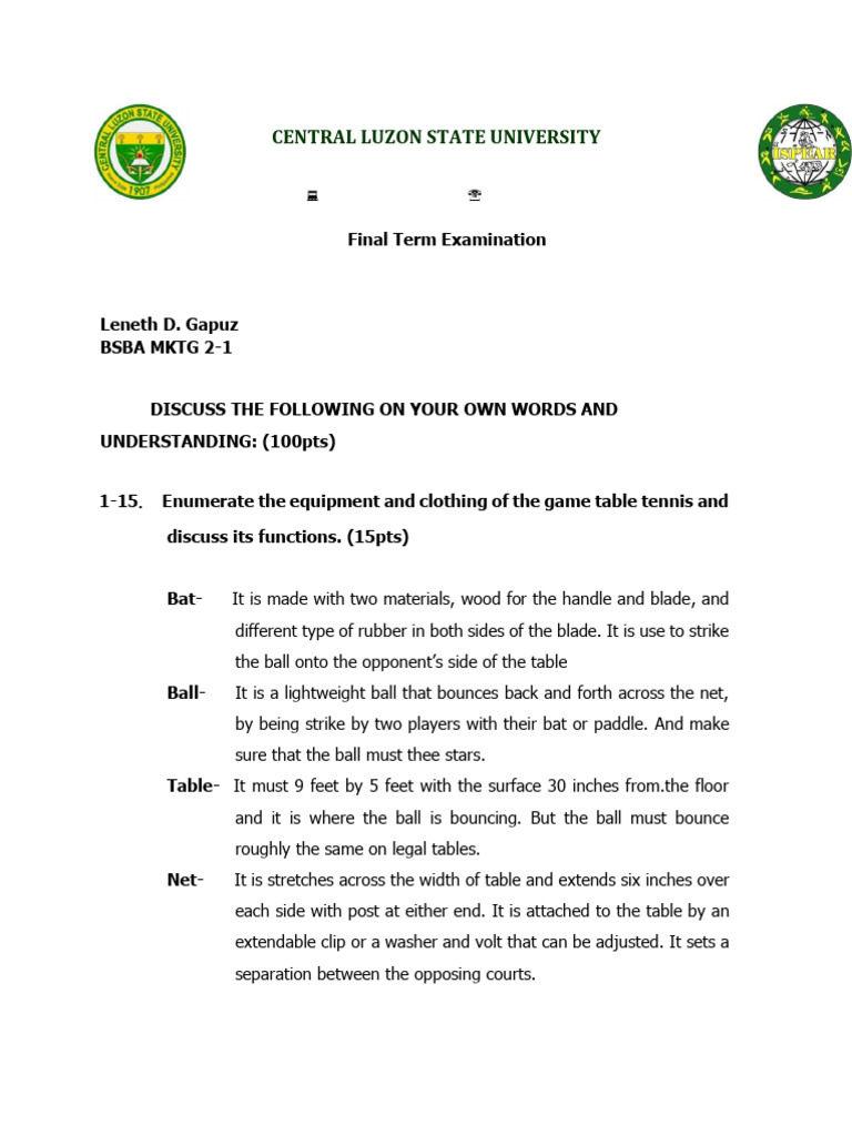 Gapuz Leneth - Final Term Examination | PDF | Table Tennis | Ball Games