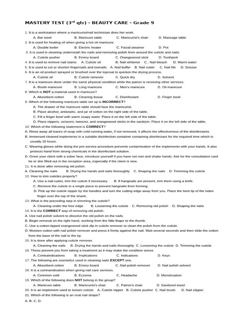 Grade 9 Beauty Care Mastery Test | PDF | Nail (Anatomy)