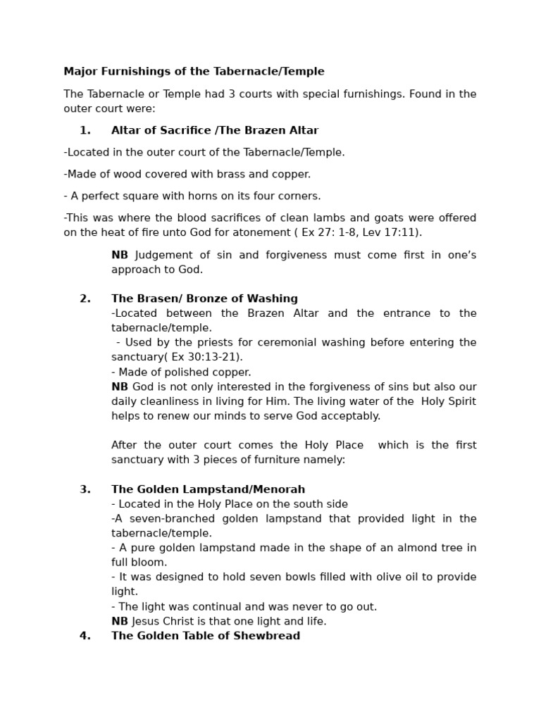 Major Furnishings of The Temple | PDF | Holy Of Holies | Tabernacle