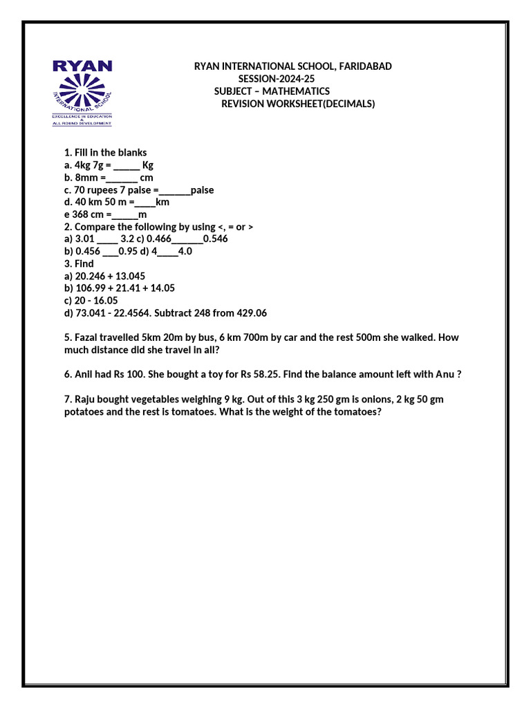 Decimals Revision Worksheet | PDF