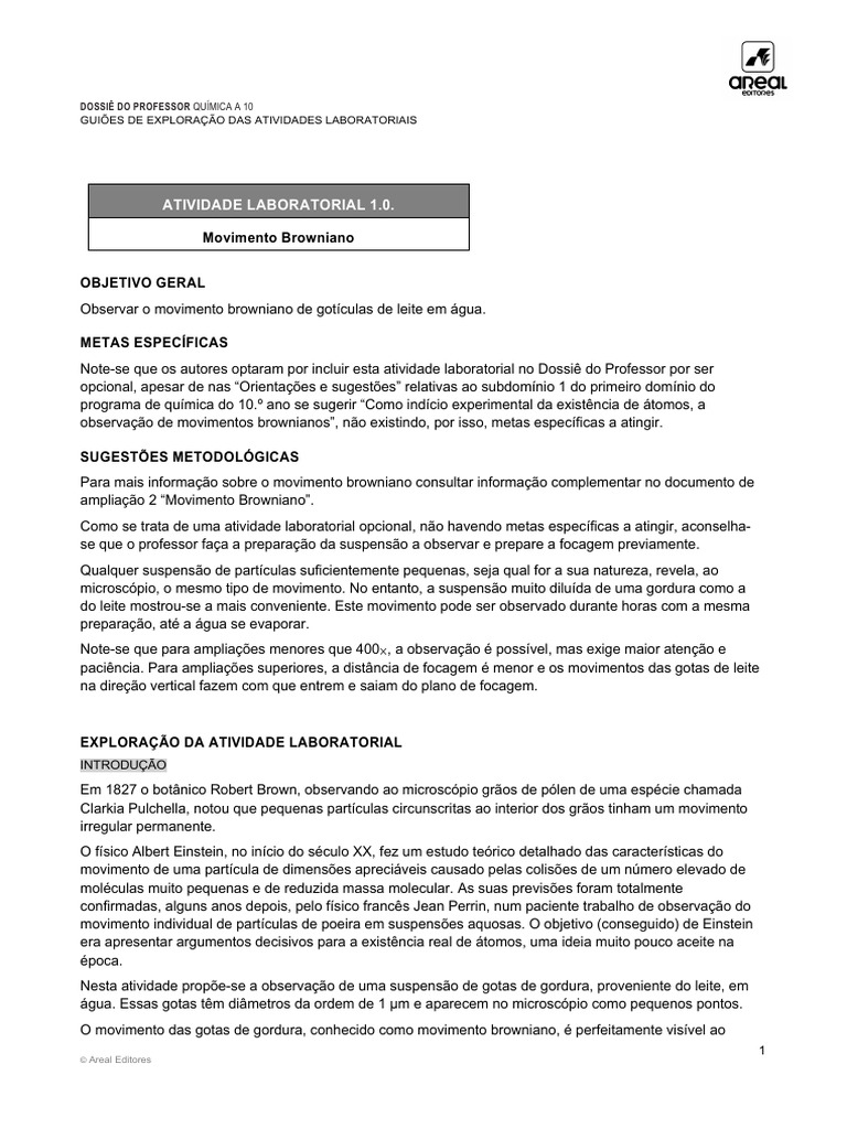 AREAL Quimica 10 Guiao Expl AL 1.0 | PDF | Movimento Browniano | Difusão