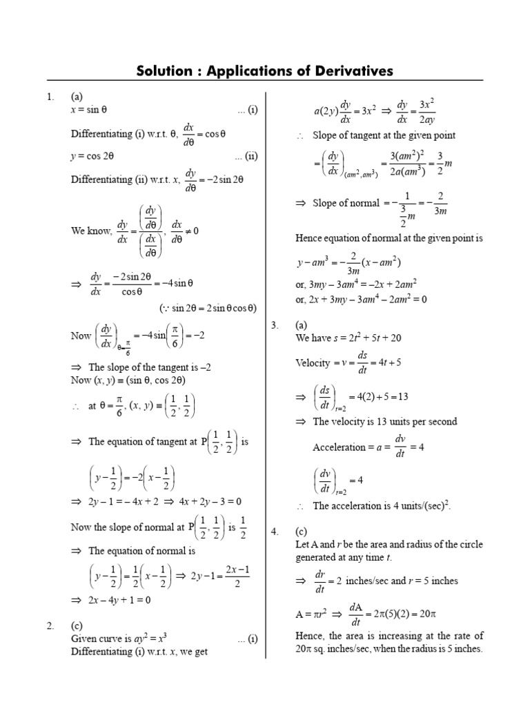 Maths - MHT-CET - Application of Derivatives - Solution | PDF | Tangent | Acceleration