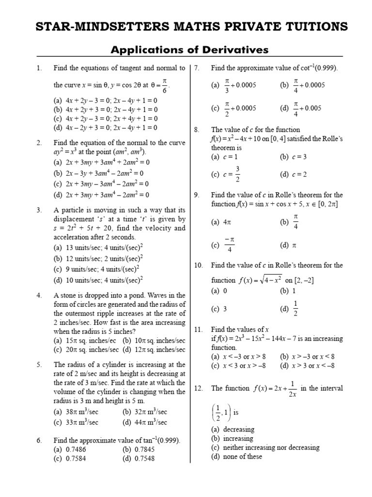Maths - MHT-CET - Application of Derivatives - Paper | PDF ...