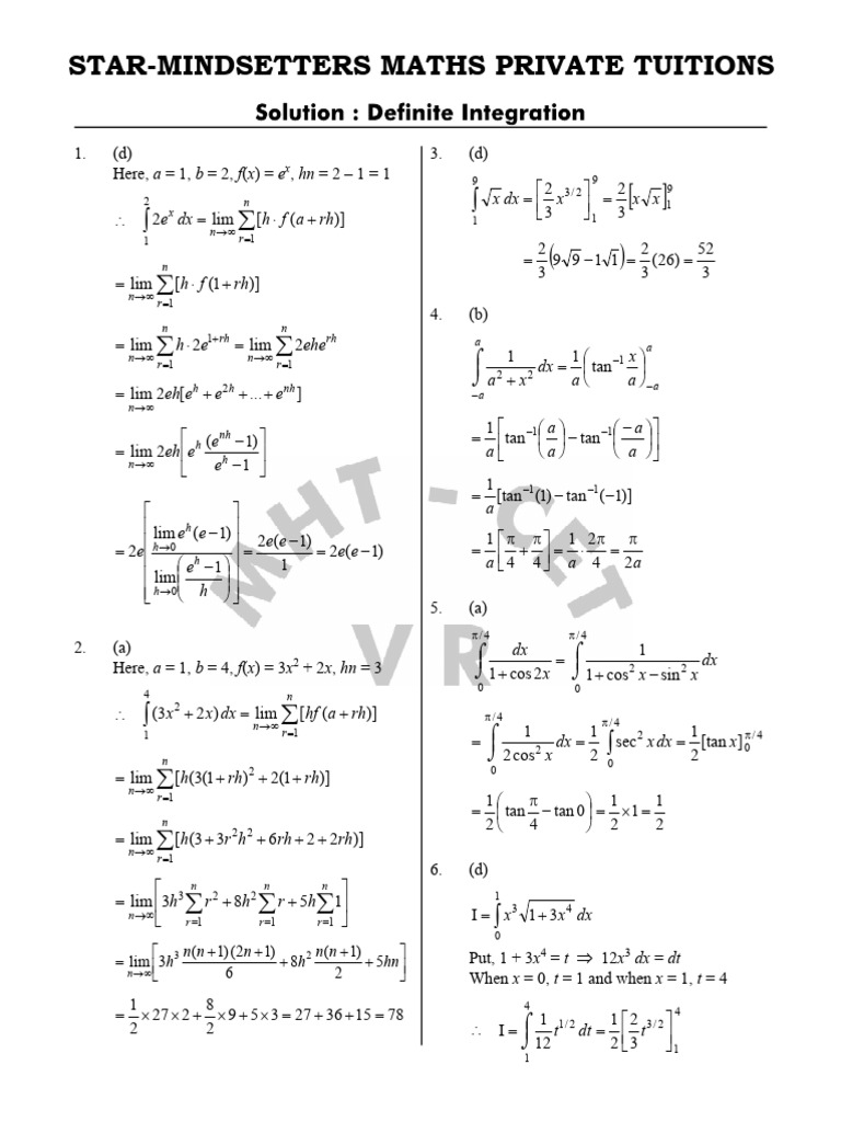 Maths - MHT-CET - Definite Integration - Solutions | PDF | Elementary Mathematics | Elementary ...