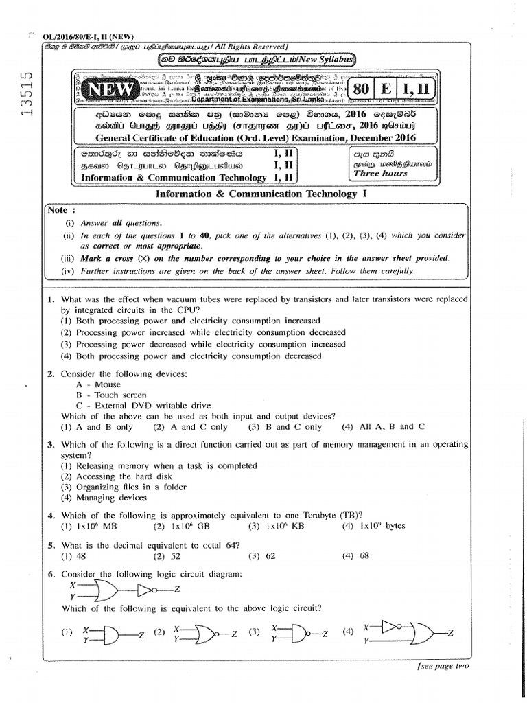 Gce Ordinary Level Exam 2016 Information and Communication Technology Ict Past Papers ...