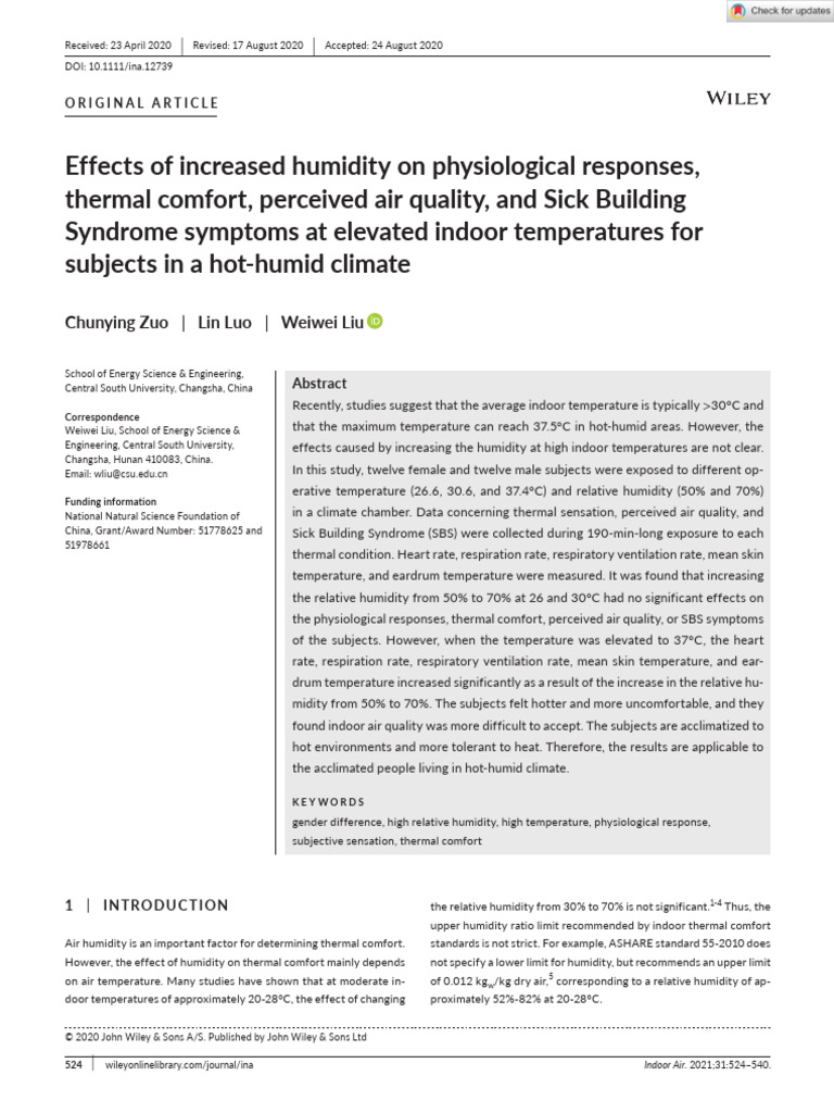 Effects of Increased Humidity On Physiological Responses, Thermal ...