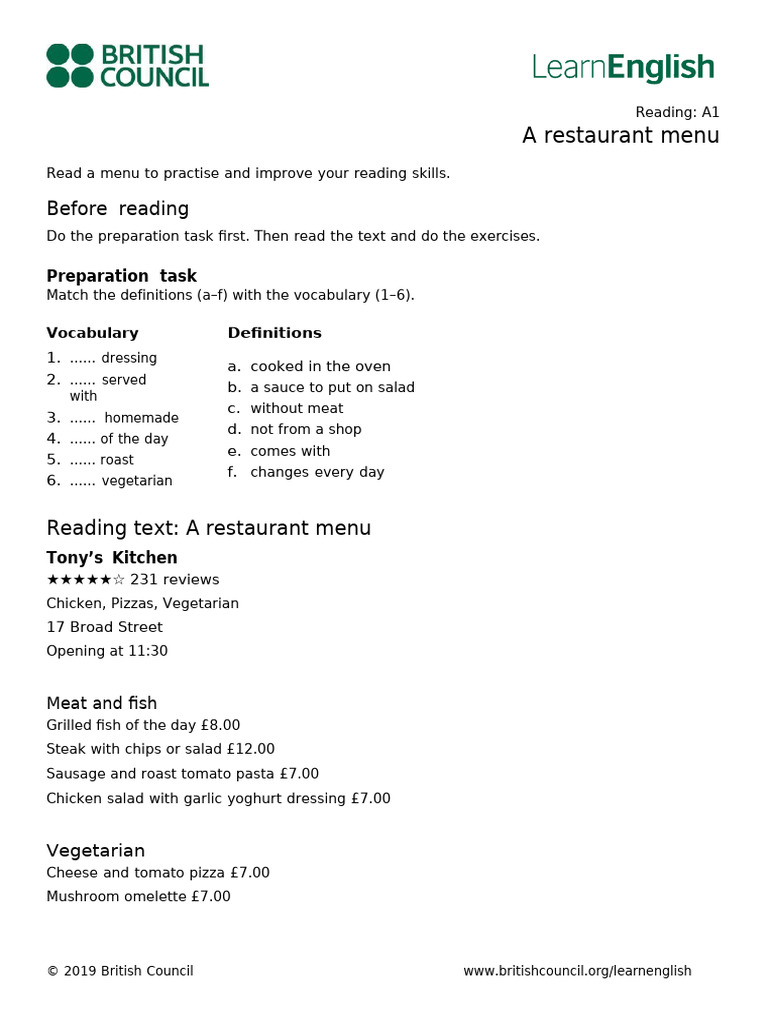 A1 Reading: Restaurant Menu Practice | PDF | Drink | Steak