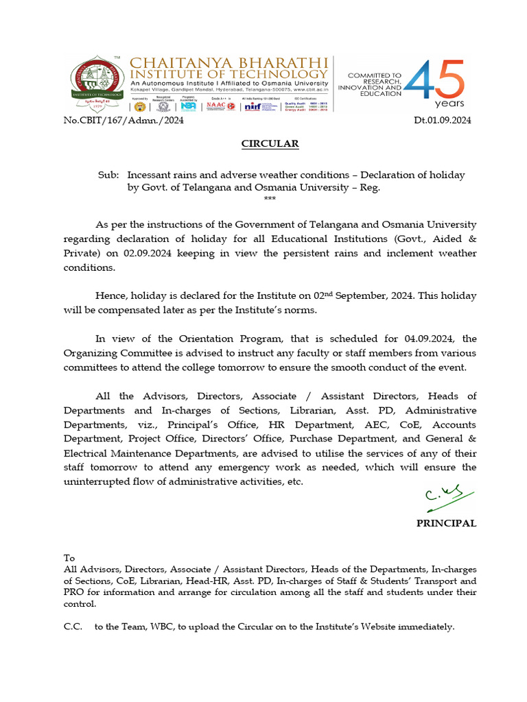 Circular Reg. Declaration of Holiday For The Institute 02.09.2024 | PDF