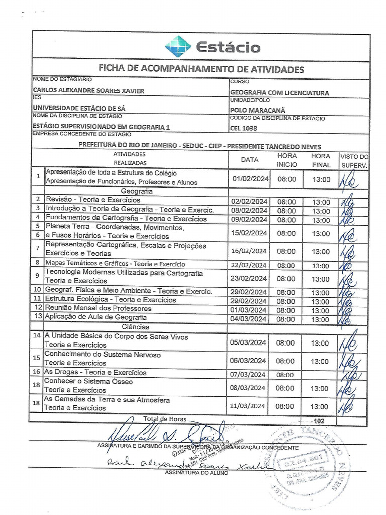 Ficha de Acompanhamento de Estágio - Folha 1 | PDF