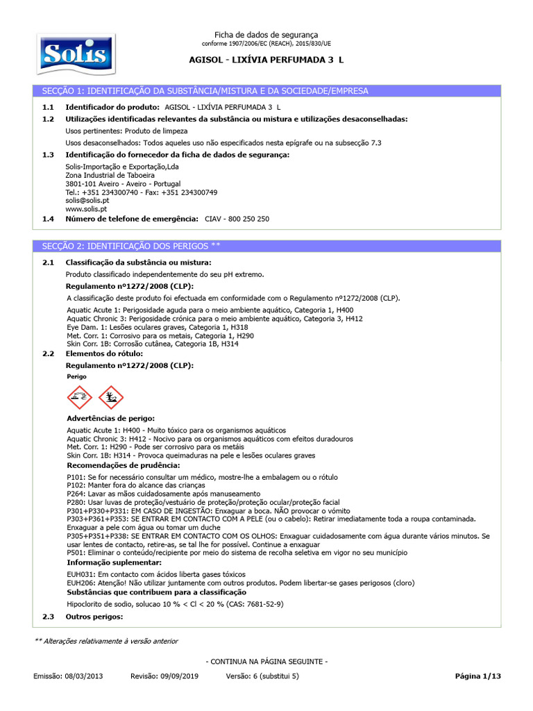 Ficha de Segurança: Lixívia Perfumada | PDF | Química | Primeiros socorros