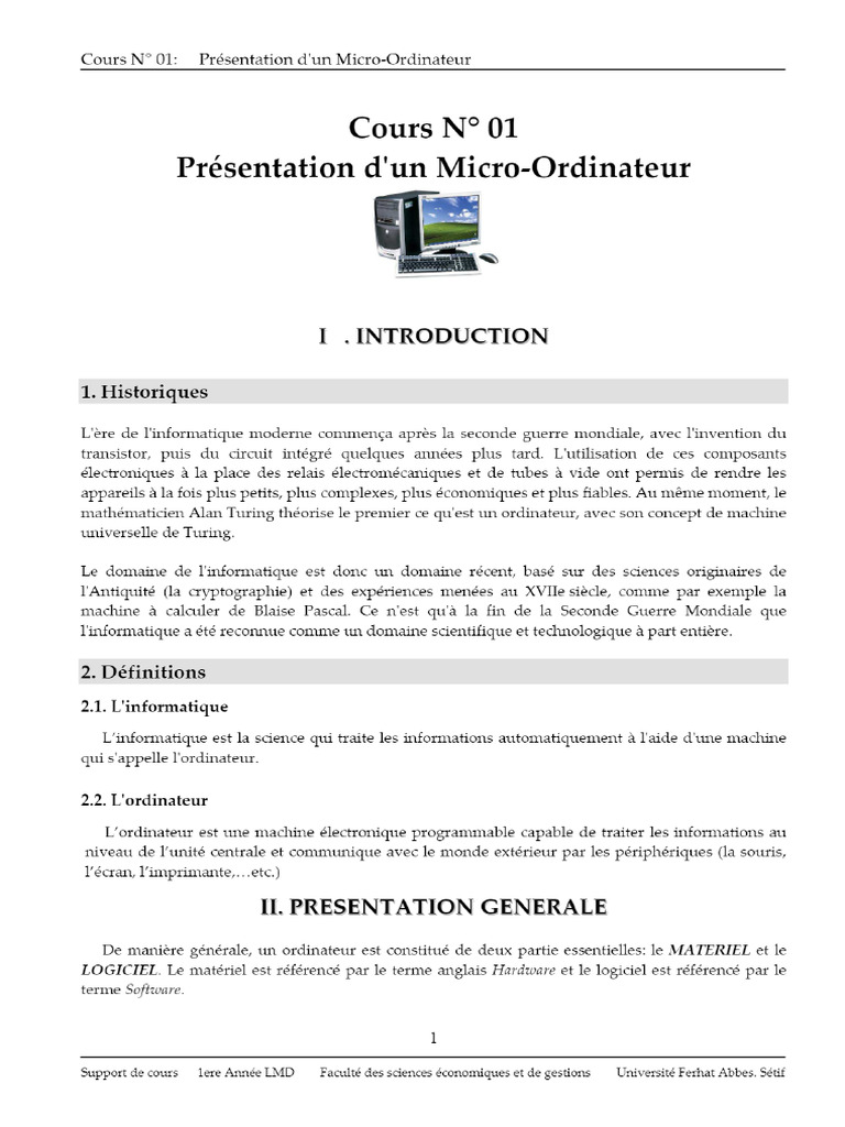 Cours N 01 Présentation D'un Micro-Ordinateur - PDF | PDF