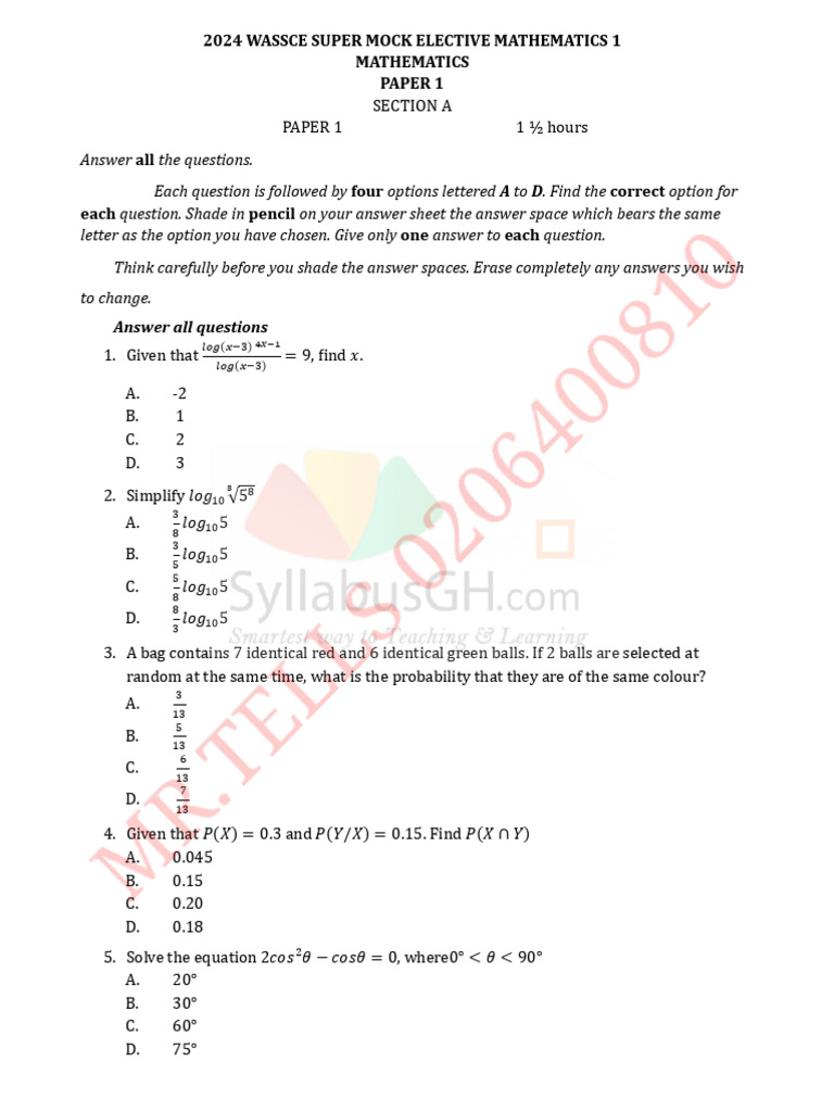 2024 WASSCE Elective Math Mock Exam | PDF | Mathematics | Equations
