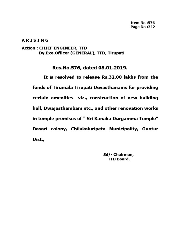 Res - No.576, Dated 08.01.2019.: Arising Action: Chief Engineer, TTD Dy ...