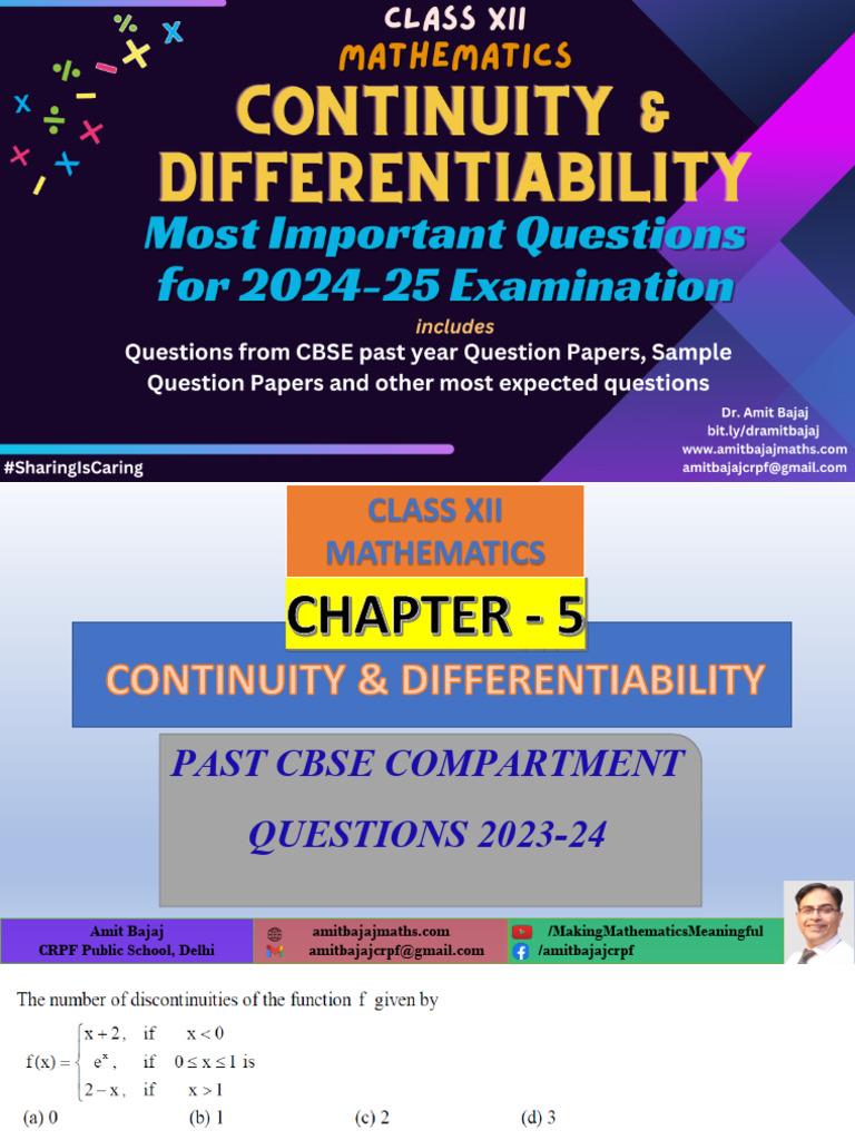 Class XII CONTINUITY & DIFFERENTIABILITY Most Important Questions For ...