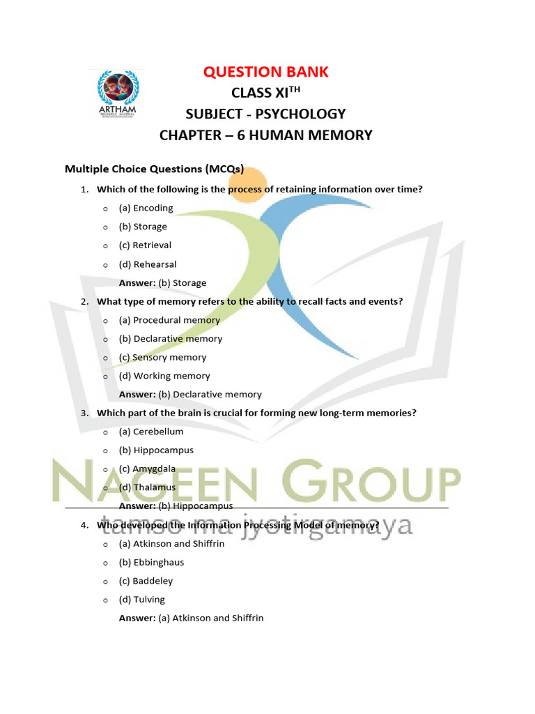 Class 11 Question Bank Psychology Chap 6 (2024-25) | PDF | Memory ...