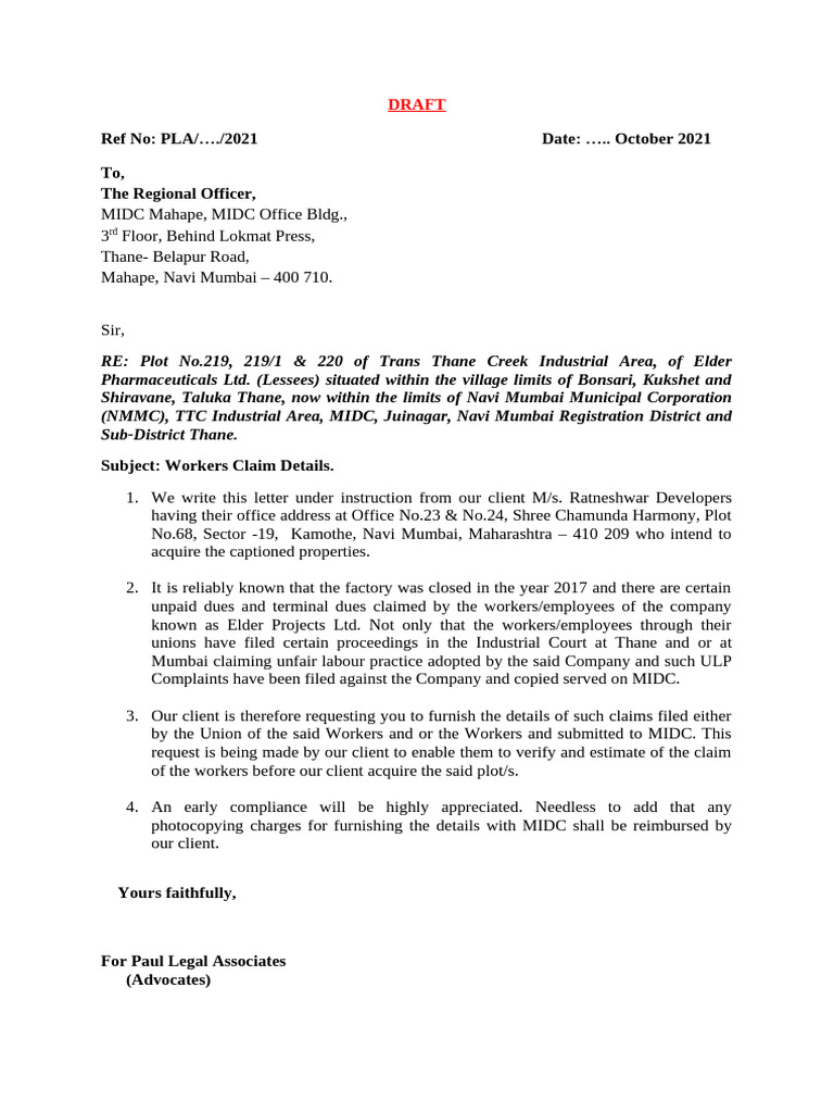MIDC Workers Claim Request Letter | PDF