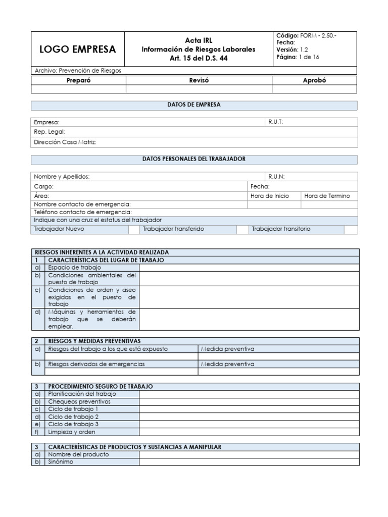 FORMATO ODI IRL Información de Los Riesgos Laborales DS 44 V2 | PDF